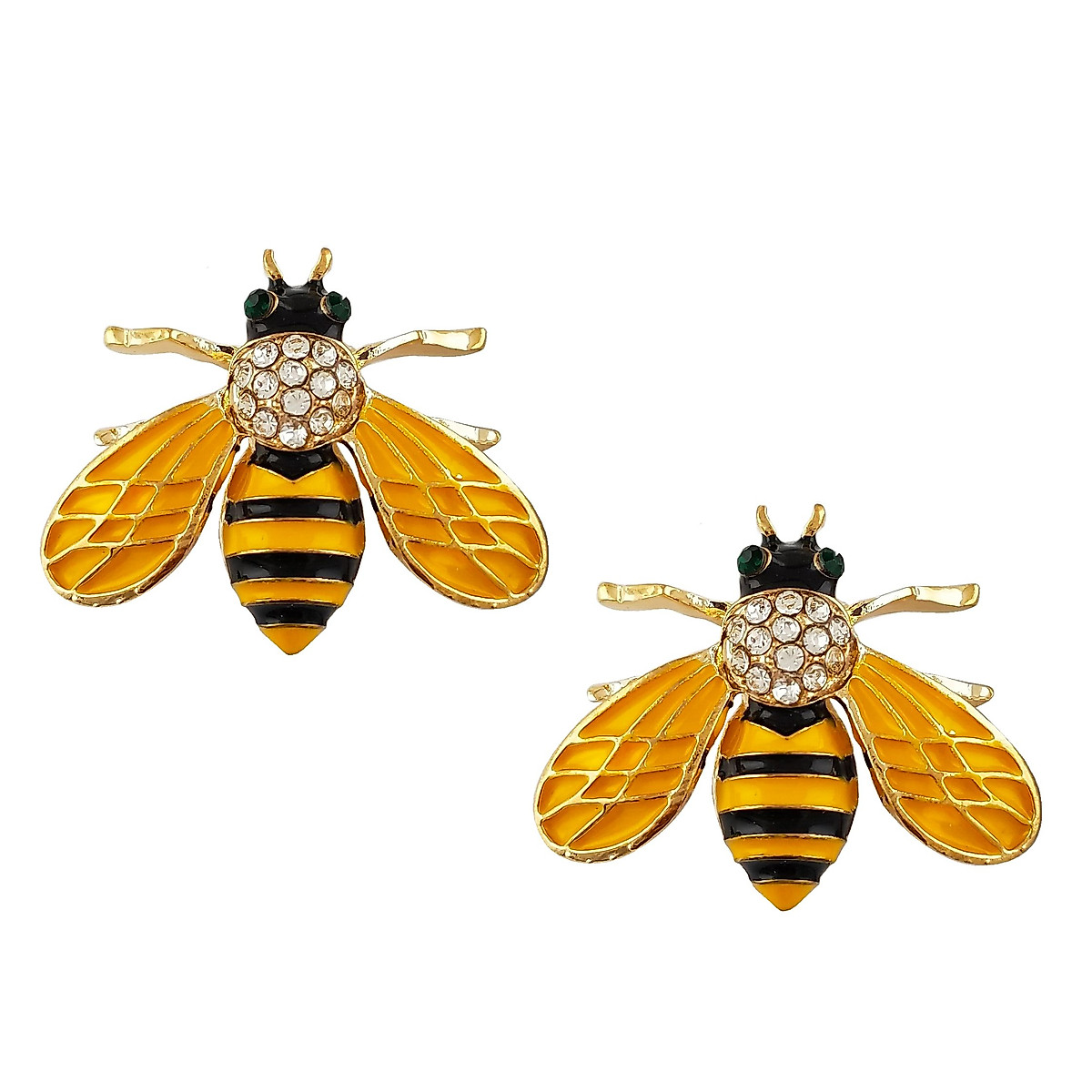 SELOVO Honeybee Bee Yellow Enamel Small Brooch Pin Set 2 Pcs Gold Tone Crystal