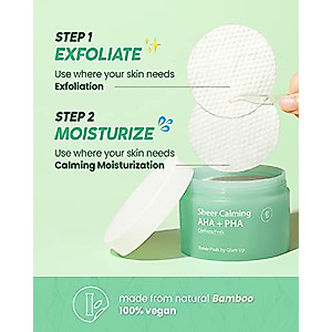 Glam Up AHA+PHA Exfoliating Facial Toner Pads for Sensitive Skin | Sheer Calming Vegan Korean Skincare Toner Pads for Acne Prone Skin and Pore Cleansing (65 Pads)