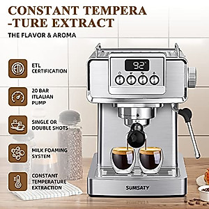 SUMSATY Espresso Machine, Stainless Steel Espresso Machine with Milk Frother for Latte, Cappuccino, Machiato,for Home Espresso Maker, 1.8L Water Tank, 20 Bar