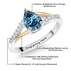 Gem Stone King 925 Silver and 10K Yellow Gold 8X6MM Pear Shape Gemstone Birthstone and White Lab Grown Diamond Engagement Ring For Women | Available In Size 5, 6, 7, 8, 9