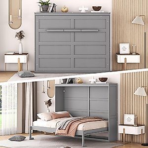 Harper & Bright Designs Full Size Murphy Bed Wall Bed Space-Saving for Multipurpose Guest Room Bedroom or Home Office, Gray