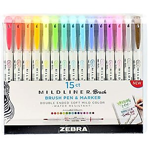 Zebra Pen Mildliner Brush Marker, Double Ended Brush and Fine Tip Pen, Assorted Soft Colors, 15 Pack
