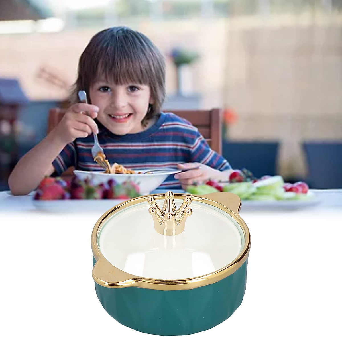 Milltrip Ceramic Bowl, Binaural Bowls Large Capacity Crown Ceramic Bowl with Lid and Phnom Penh Handle for Soup Rice Salad Instant Noodle(Green)
