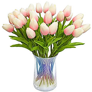 JOEJISN 30pcs Artificial Tulips Flowers Real Touch Pink Tulips Fake Holland PU Tulip Bouquet Latex Flowers for Wedding Party Office Home Kitchen Decoration (Light Pink)