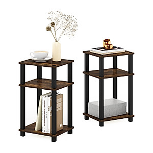 Furinno Simplistic End Side Night Stand/Bedside Table with Stainless Steel Tubes, 2-Pack, 2-Tier Plastic Poles, Amber Pine/Black