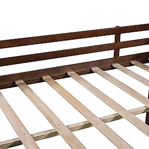 Full Size Loft Bed with Slide, Kids Low Loft Bed Frame with Chalkboard for Boys & Girls, Wood Full Slide Loft Bed with Under-Bed Space Storage (Walnut, Full)