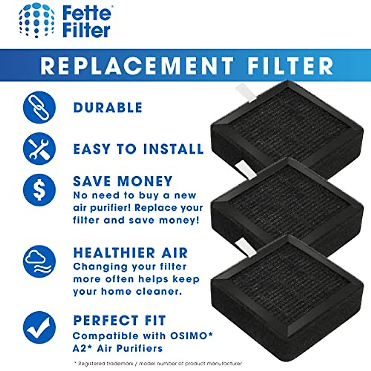 Fette Filter - Air Purifier True HEPA Replacement Filter Compatible with OSIMO A2 Air Purifier, High-Efficiency Activated Carbon Filter - Pack of 3
