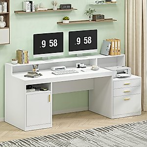 TVU 65" Computer Desk with 3 Drawer & Storage Shelves, Home Office Desk with File Drawer Cabinet, Executive Desk with Long Monitor Stand & Printer Shelf, White