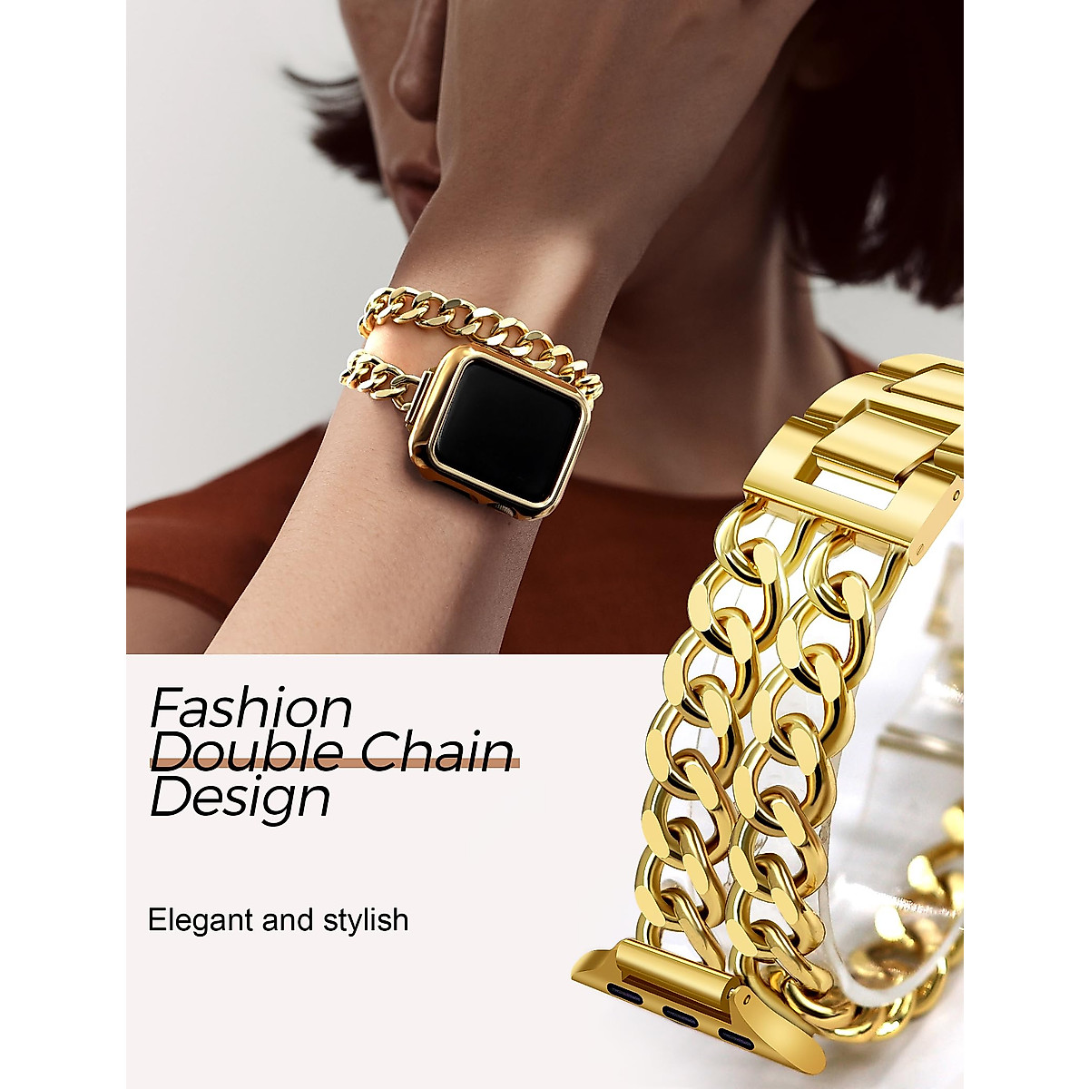 JR.DM Gold Watch Bands for Women Compatible with Apple Watch Band 42mm 44mm 45mm Adjustment Metal Band Cowboy Steel Chain Bracelet for iWatch Series 9/8/7/6/5/4/3/2/1/SE/Ultra (No Case)