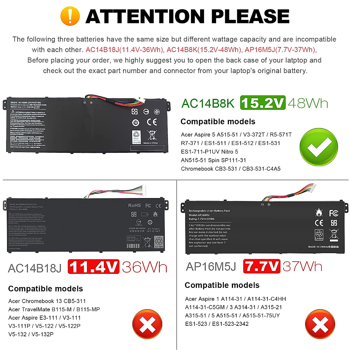 AC14B8K Battery for Acer Predator Helios 300 N17C1 PH315-51 PH315-52 G3-571 G3-572 N18Q13 Nitro 5 AN515 AN515-53 AN515-54 Aspire R5-471T R5-571T R5-571TG Chromebook CB5-571 Swift SF314 4ICP5/57/80