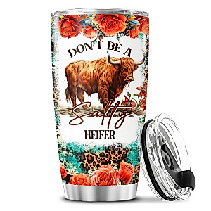 Salty Heifer, Tumbler 20 Oz With Lid And Straw, Leopard Print Flower Floral, Highland Cow Gifts