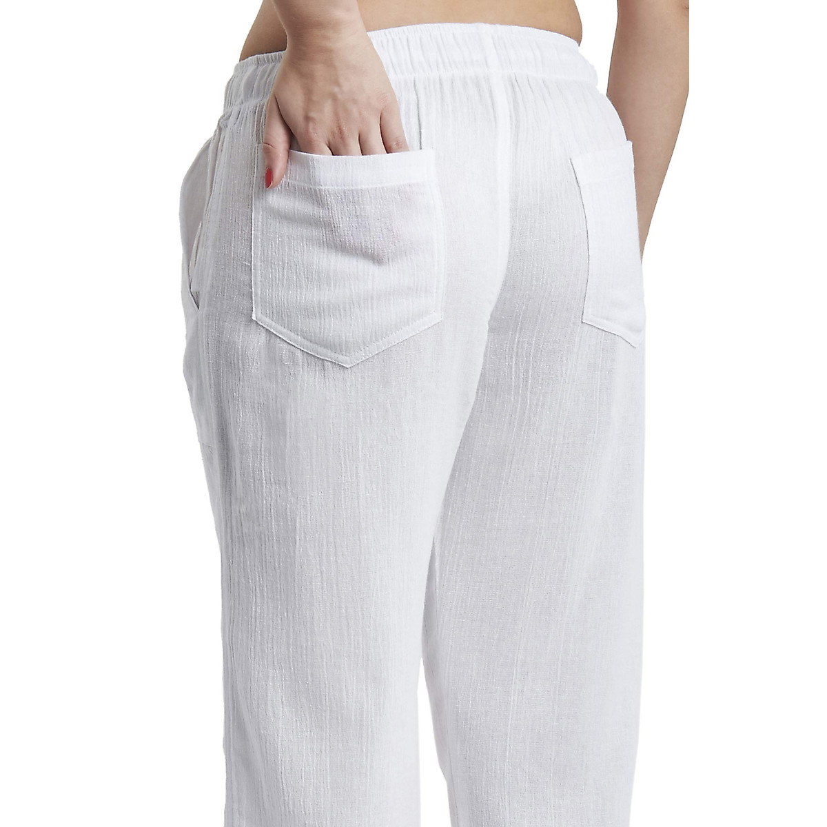 J CE Women's Cotton Gauze Low Waist Beach Pants with Pockets (White, XXXL)