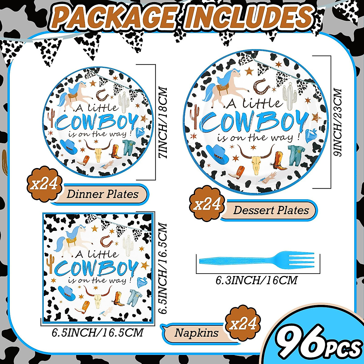 Sunnyray Cowboy Baby Shower Party Decorations Supplies Wild West Theme Party Tableware Set Western Rodeo Cow Country Party Dessert Plates Napkins Forks for 24 Guests Baby Shower Party