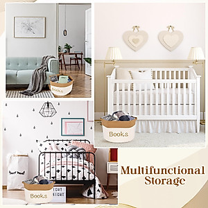 Dandat Cotton Rope Book Storage Basket Embroidered Book Bin 21.7 x 21.7 x 13.8 Inch Large Book Basket with Handles Book Tote Organizer for Nursery, Playroom, Living Room, Classroom