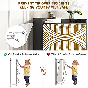 Vibe & Dine Shoe Cabinet with 3 Flip Drawers, Modern Shoe Storage Cabinet with Adjustable Shelves for Entryway Slim, FreeStanding Narrow Shoe Organizer Cabinet with Gold Metal Handle and Legs, Black