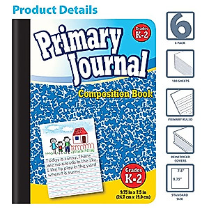 Primary Journal, Hardcover, Primary Composition Book Notebook - Grades K-2, 100 Sheet, One Subject, 9.75" x 7.5", Blue Cover-6 Pack