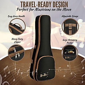 Flexzion Ukulele Gig Bag - Uke Backpack Storage Soft Case Waterproof w/Carrying Handle, Pocket & Adjustable Shoulder Strap, Music Accessories for Concert Tour Travel, Black, 26 in., Tenor