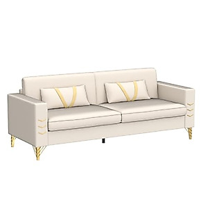 Tomkate 85.63" Modern Sofas for Living Room, Velvet Chesterfield Sofa with Two Lumbar Pillows and Gold Metal Legs, Luxury 3 Seater Sofa Couches for Living Room, Bedroom (Beige)