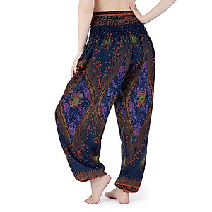 Lannaclothesdesign Women's Smocked Waist Boho Flowy Yoga Harem Pants Hippie Clothes (M, Dark Blue)