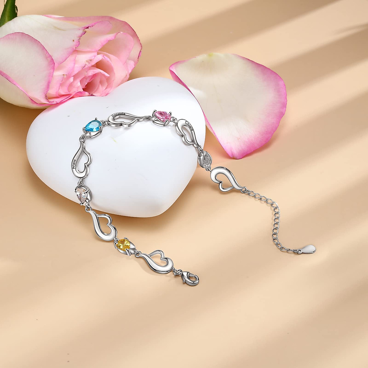 Jeweidea Personalized Infinity Love Heart Link Bracelet with Pear Simulated Birthstone Custom Engraved Name Silver Bracelet for Women Girls (4 Stones + 4 Names)