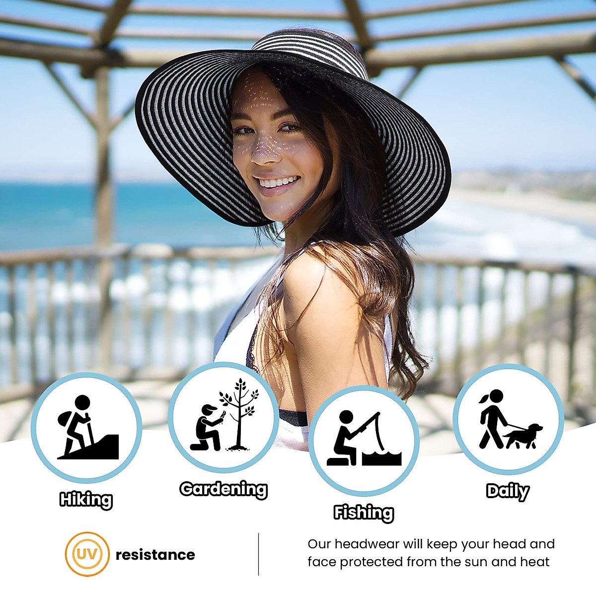 Simplicity Women's Straw Sun Hat Wide Brim Roll-up Sun Visor Black/White