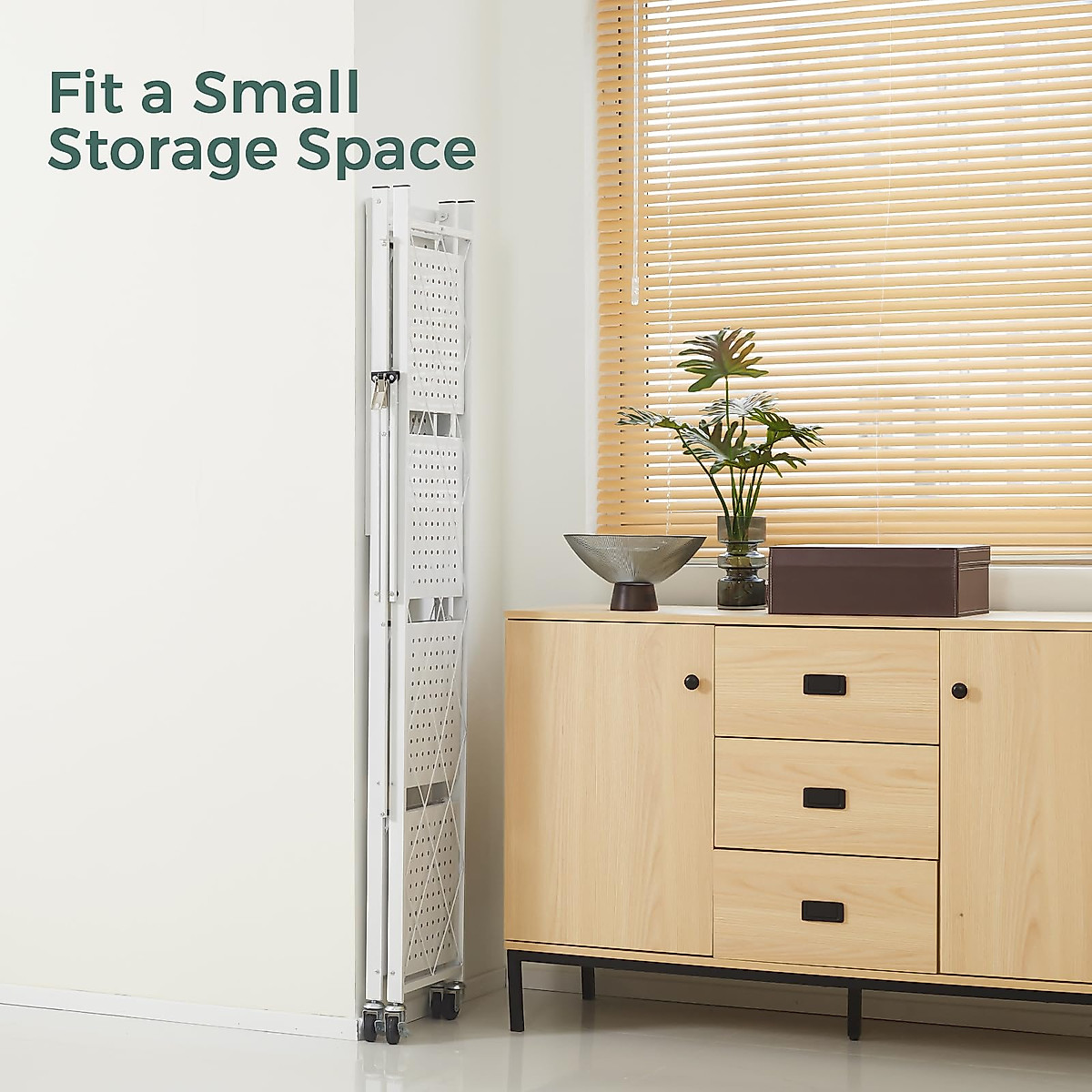 DEANIC 5-Shelf Folding Bookcase with Wheels, Heavy Duty Storage Shelves, Freestanding Metal Wire Shelving Unit for Living Room, Office, Kitchen, Basement, Pantry (White)