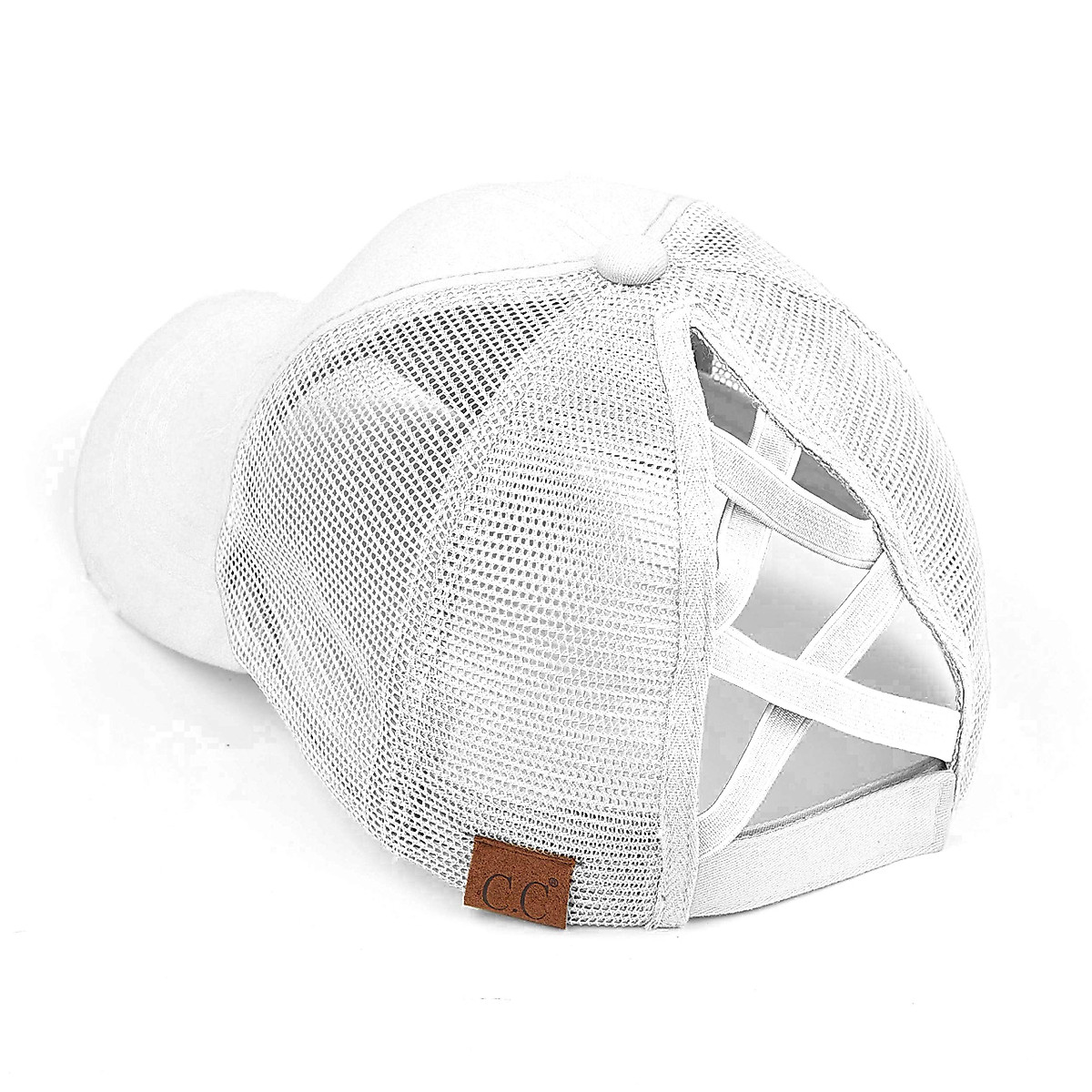 Funky Junque Ponytail Messy Bun Trucker Ponycap (Mesh - White w/Criss Cross Back)
