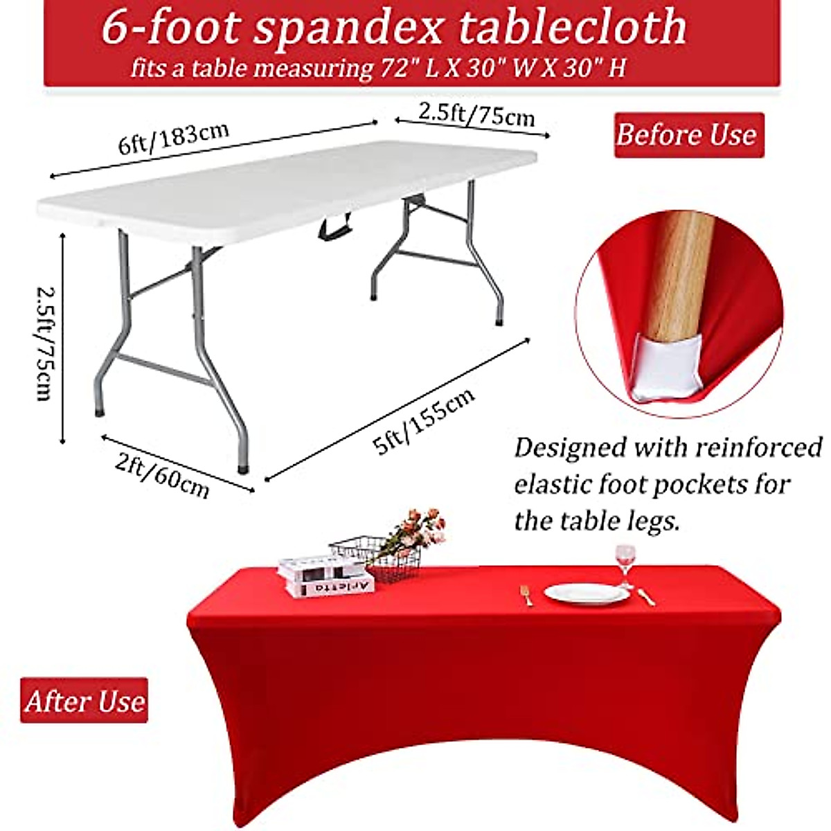 6FT Spandex Table Cover Table Cloth for Folding Tables Fitted Rectangular Tablecover Washable Wrinkle Resistant Polyester Stretch Red Tablecloth Protector for Wedding Banquet Party (4 Pack, Red)