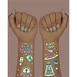 xo, Fetti Space + Planets Glow in Dark Temporary Tattoos for Kids - 50 pcs | Alien Birthday Party Supplies, Astronaut Favors + Rocket ship Decorations