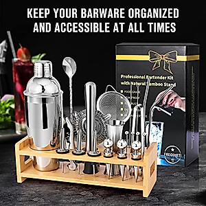 FREOIHETI 30 Piece Cocktail Shaker Set, Cocktail Bartender Kit Bar Drink Tool Set with Stylish Bamboo Stand Cocktail Recipes Booklet - Silver