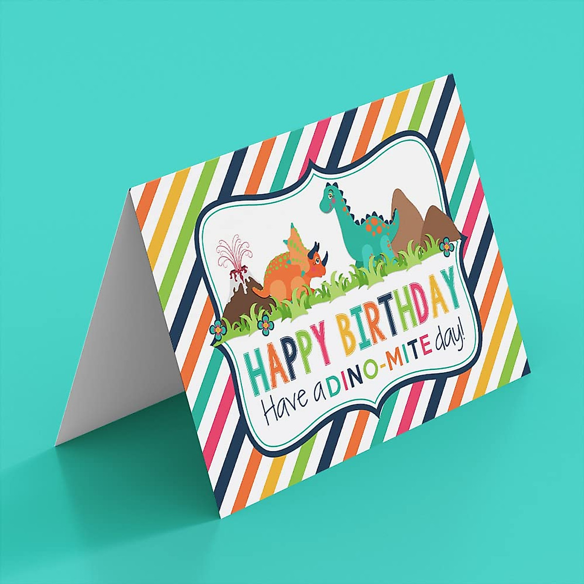 Have a DINO-MITE Day Dinosaur Themed Birthday Pun Themed Single (1) All Occasion Blank Birthday Card To Send To Friends & Family, 4"x 6" (when folded) Fill In Greeting Note Card by AmandaCreation