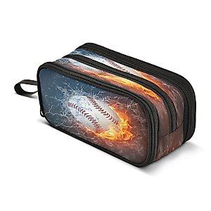 Baseball Ball in Fire and Water Pencil Case 3 Compartment Pen Bag Pouch Holder Box School Portable Stationery Storage Bag for Girls Boys