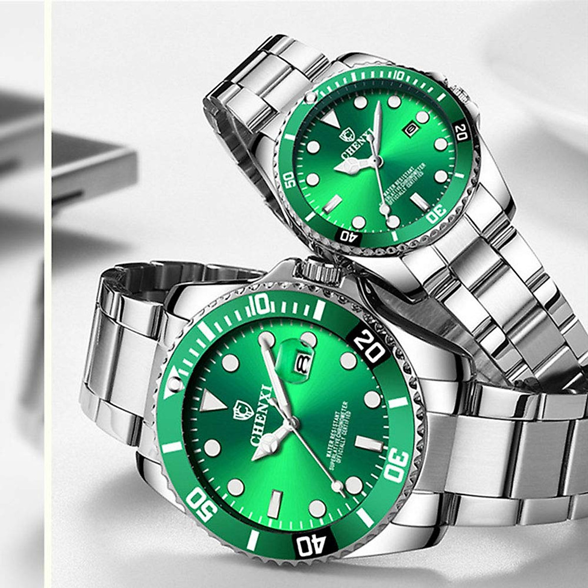 MASTOP Couple Watches Classic Golden Stainless Steel Watch His and Hers Waterproof Quartz Watch (Silver Green)