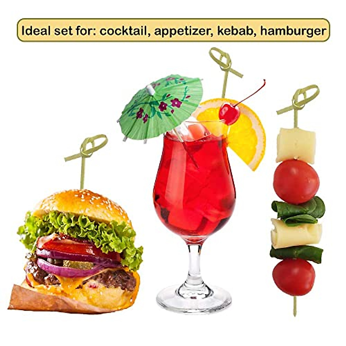 344 Pcs Set - 144 Drink Umbrellas and 200 Bamboo Knot Picks 6" - Appetizer skewers, Cocktail Umbrellas for Drinks, Toothpicks for Appetizers, Tiki Drink Umbrellas, Cocktail Picks