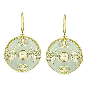 Asian Style Dangle Circle Round Donut Good Fortune Light Green Jade Butterfly Disc Drop Statement Earrings For Women 14K Gold Overlay .925 Sterling Silver Lever Back