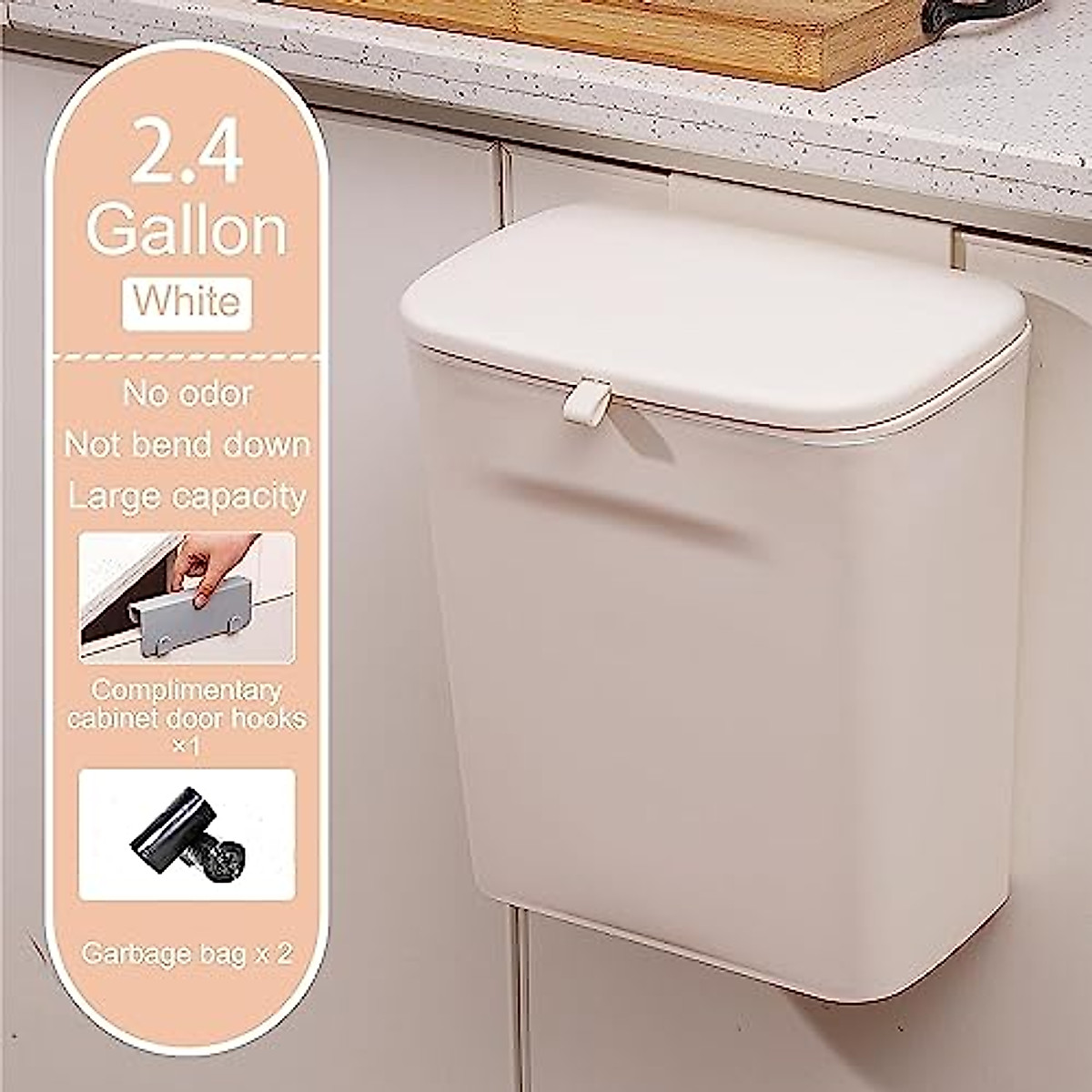 Hanging Kitchen Trash Can,2.4 Gallon Waste Bin with Lid for Kitchen,Small Plastic Compost Bin for Counter Top or Under Sink,Mountable Garbage Can for Bedroom,Bathroom, Cabinet,Car and Office,White