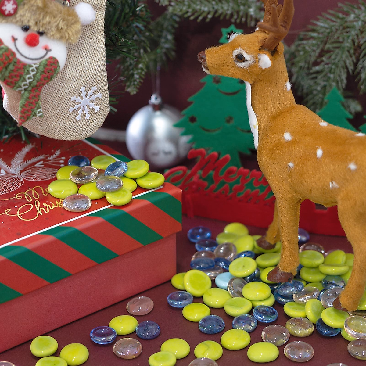 2 LB Floral Glass Gems Stones Flat Marbles Beads Mixed Green,Royal Blue,Peach for Vases Bowl Fillers,Crafts,Table Scatter,Home Centerpieces,Aquarium,Fairy Garden,Candle Holder