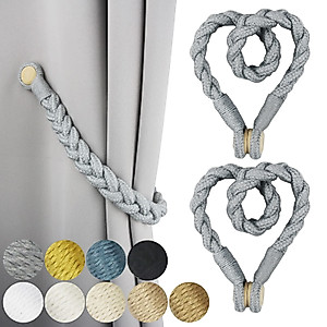 Porlau 2 Pack Grey Magnetic Soft Curtain Tiebacks Cotton Hand-Woven Tieback Holdback Home Decorative Tie Backs with Wooden Buckle for Home Office Decor