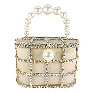 DDQYYSPP Synthetic Pearl Top-Handle Women Metal Bucket Bag Crystal Evening Purses and Clutches Formal Wedding Handbags