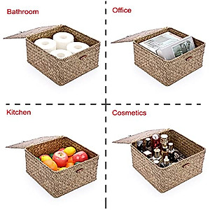 Hipiwe Wicker Shelf Baskets Bins with Lid Handwoven Storage Baskets Boxes Natural Seagrass Basket Box Home Decorative Household Organizer Bins Boxes for Shelf Organizing,Set of 3