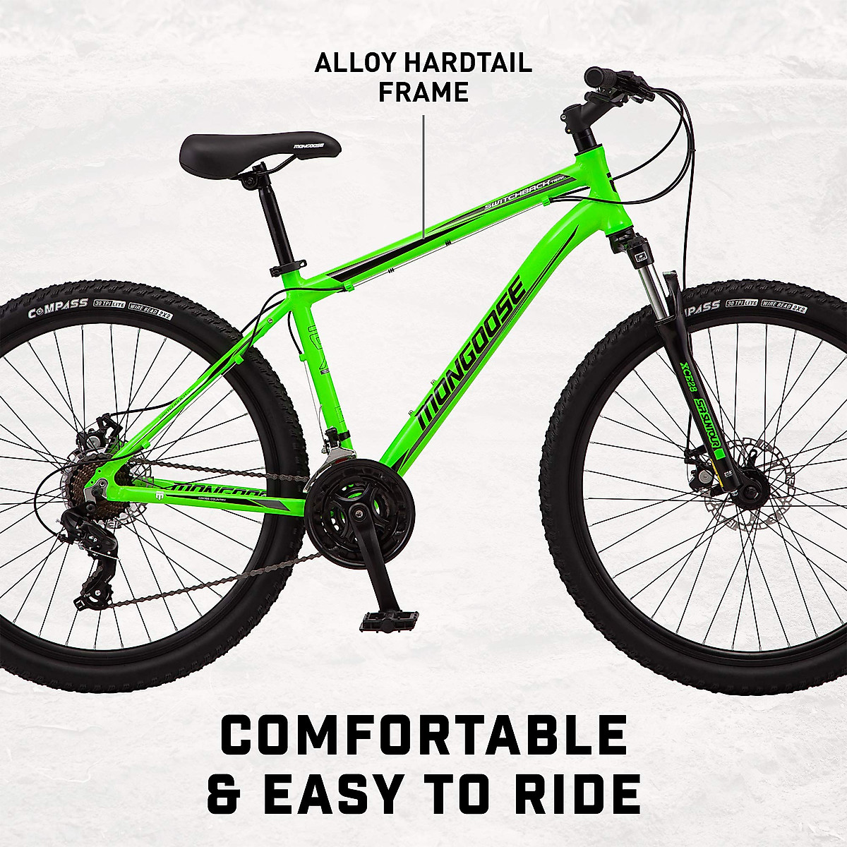 Mongoose Switchback Trail Adult Mountain Bike, 21 Speeds, 27.5-Inch Wheels, Men Aluminum Large Frame,Neon Green