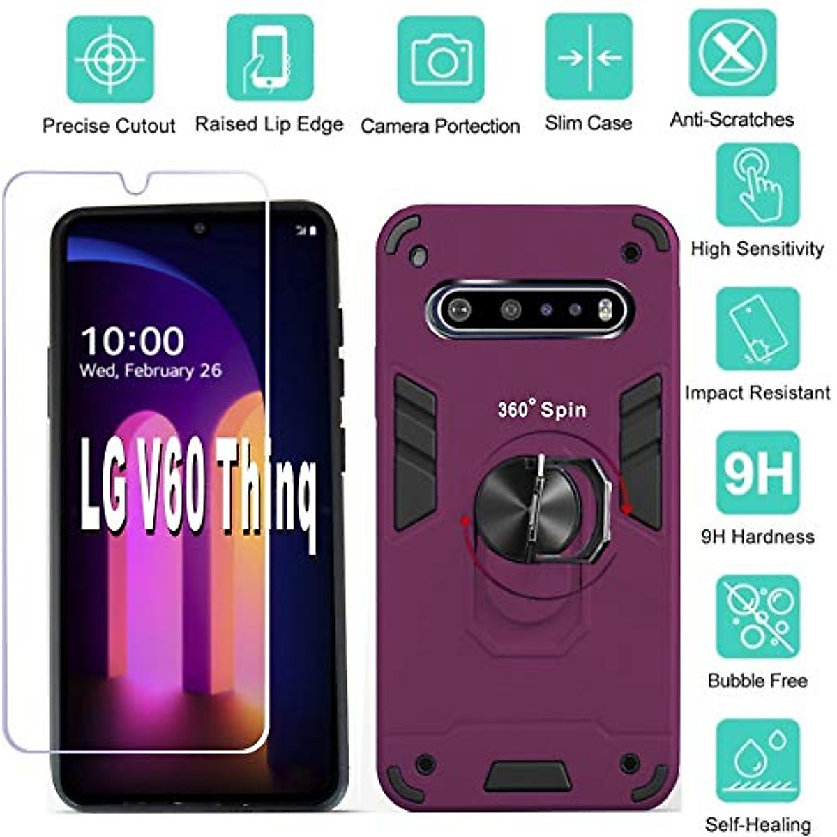 Folmeikat LG V60 Thinq/LG V60 Thinq 5G/ LG G9 Thinq Case, Screen Protector [2Pack] 360 Degree Rotating Metal Ring Slim Shock Absorption Reinforced Corner Soft TPU Silicone Case 6.8" (Wine red)