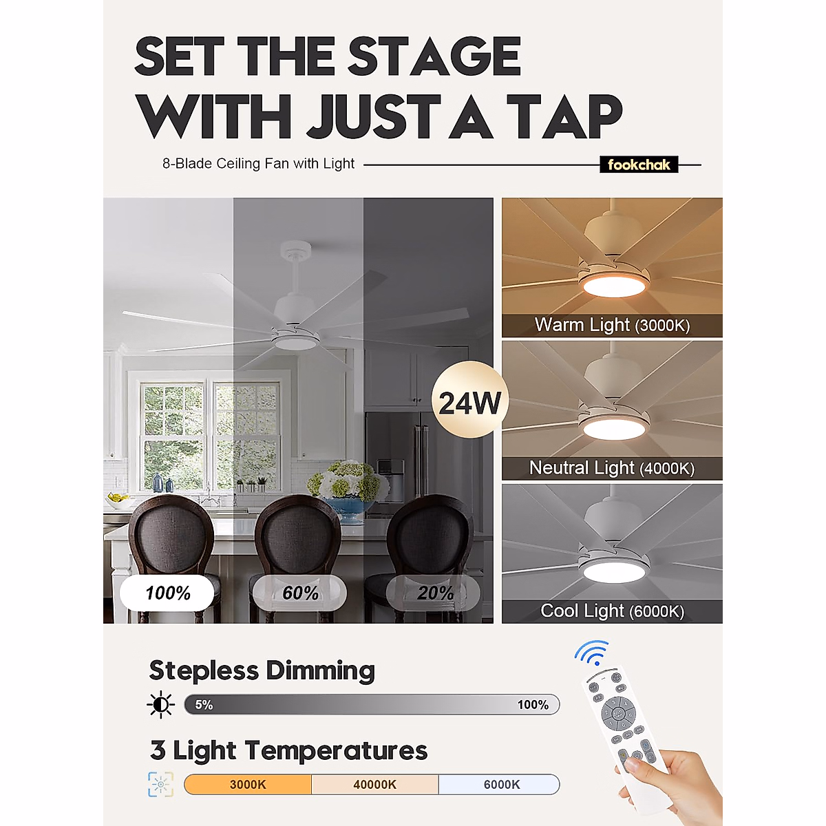 FookChak 65in White Large Ceiling Fan with Lights Remote Control 8-Blade Outdoor Ceiling Fan Light for Patio, Multi-speed Reversible Airflow for Garage Home Office Gym Room Living Room Bedroom