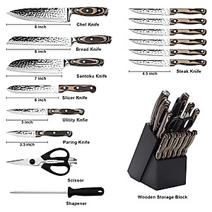 Knife Set,15 Pieces Kitchen Knife Set with Wooden Block,High Carbon Japanese Stainless Steel Knife Block Set,Ultra Sharp, Full-Tang Design ,Irregular Hammer Pattern
