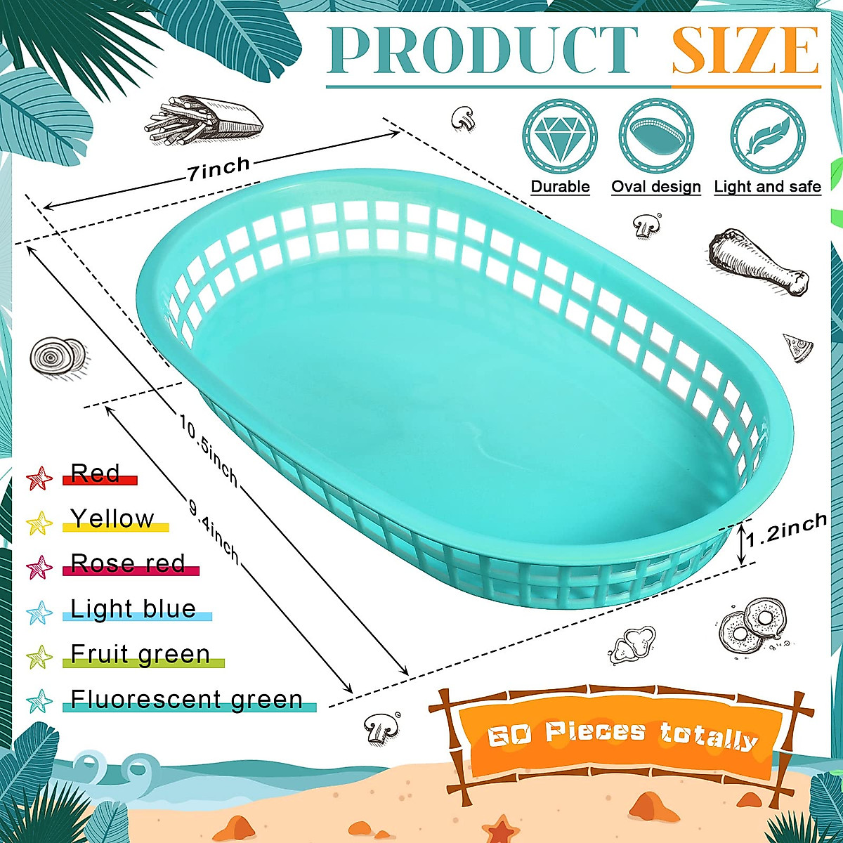 60 Pieces Fast Food Basket Oval Colorful Plastic Storage Basket Bins Reusable Chip Basket Fry Hot Dog Burger Tray for Restaurant Picnic Party Sandwiches, Bread, Deli Serving, 10.5 x 7 Inch