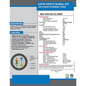 Vertical Cable Cat5e, 350 Mhz, Shielded, Gel Filled (Flooded Core), Direct Burial, 1000ft, Black, Bulk Ethernet Cable, Wooden Spool