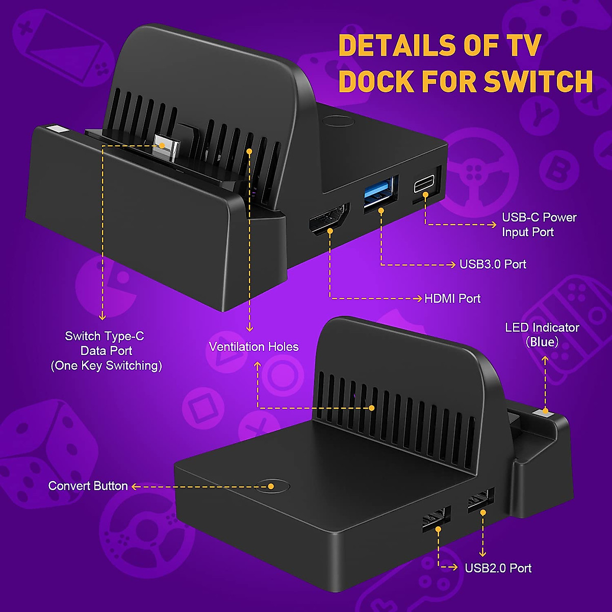 WEGWANG TV Docking Station for Nintendo Switch, Switch OLED, Portable TV Switch Dock Station Replacement for Official Nintendo Switch with HDMI and USB 3.0 Port