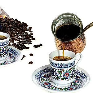 Amazing Turkish Arabic Coffee Espresso Cups 5 Pcs Fancy Set Famous Turkish Porcelain Cups with Saucers, Pot,Blue Velvet Authentic Box (Turkish Coffee Cup and Saucer (2 Sets) 4 Pieces)