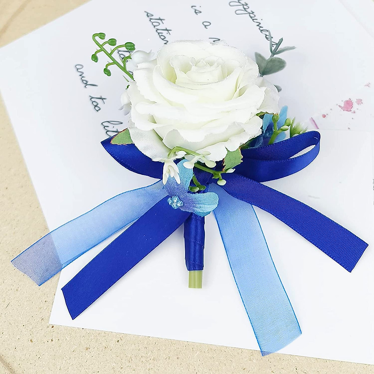 MAFELOE Wrist Corsage and Boutonniere Set Artificial Rose Flowers Accessories for Groom Bride Groomsmen Bridesmaids Wedding Party Prom Suit - Blue White 2 Pieces