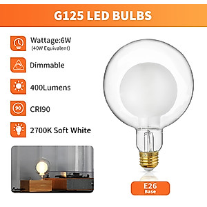 ALAMPEVER Large Globe LED Light Bulbs, Decorative Dimmable LED with 6W Equivalent to 40W Light Bulbs, 2700K Soft White, E26 Base,400LM,CRI90,G125,Frosted